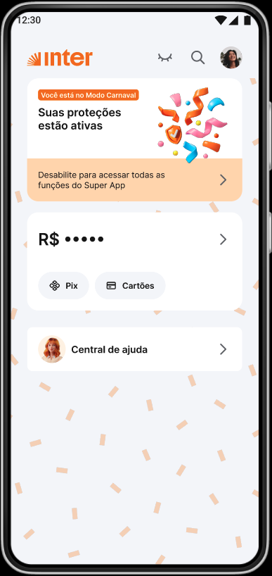 home do super app Inter com o modo carnaval ativo